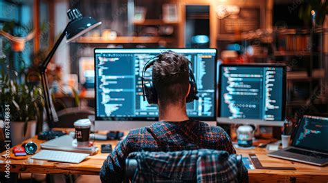 Software Developer Working Late From Home Office Setup With Multiple