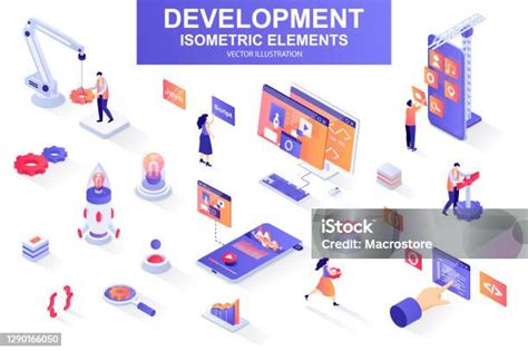 개발 회사 동위 원소의 번들 인터페이스 프로토타이핑 백 엔드 개발 개발자 프로그래밍 프로젝트 시작 격리 아이콘 등극 벡터 일러스트 키트 등측투영법에 대한 스톡 벡터 아트 및