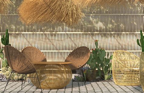 등나무 고리버들 가구와 장식나무 외관의 배경에 초가 된 등대 등불이 있는 레스토랑 이나 카페의 개방형 여름 테라스 내부 3d 렌더링 가구에 대한 스톡 사진 및 기타 이미지