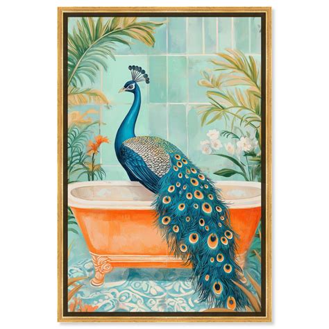 Elegant Peacock Bath Canvas Jungle Bathroom Art By Art Remedy Gold