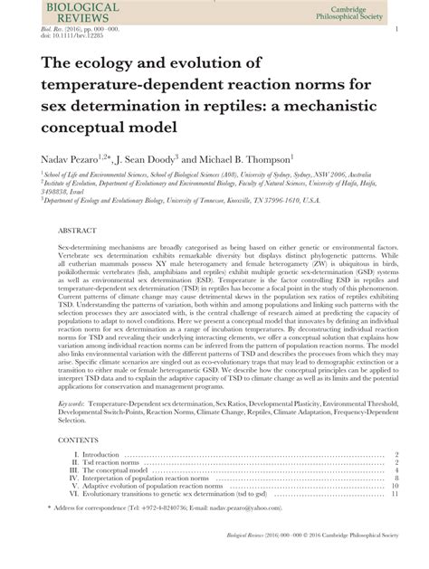 PDF The Ecology And Evolution Of Temperature Dependent Reaction Norms For Sex Determination In