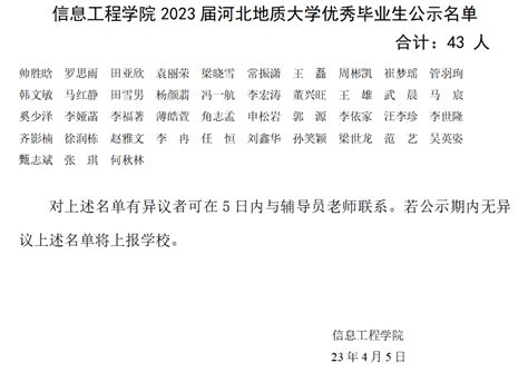 信息工程学院2023届河北地质大学优秀毕业生公示名单 河北地质大学 信息工程学院