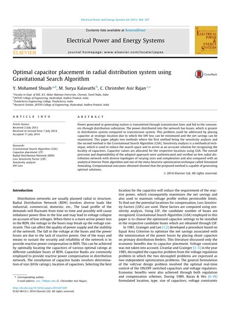 Pdf Optimal Capacitor Placement In Radial Distribution System Using Gravitational Search Algorithm