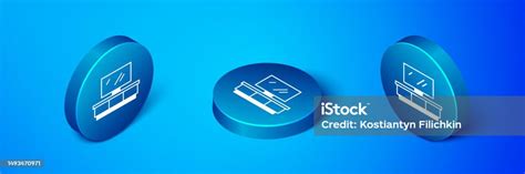 아이소메트릭 Tv 테이블 스탠드 아이콘은 파란색 배경에 분리되어 있습니다 파란색 원 버튼입니다 벡터 3차원 형태에 대한 스톡