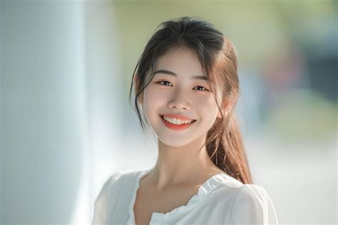 Asian Girl Smiling Beautifully In A White Blouse Premium Ai Generated