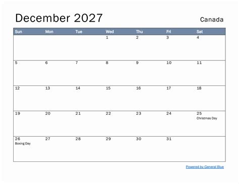 Free Monthly Calendar Template For December 2027 With Canada Holidays
