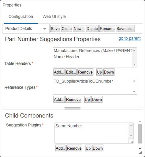 configuring the part number suggestions component