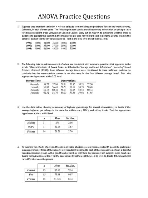 Anova Practice Questions Pdf Experiment Hypothesis