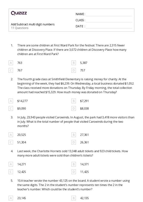 50 Multi Digit Numbers Worksheets For 4th Grade On Quizizz Free And Printable