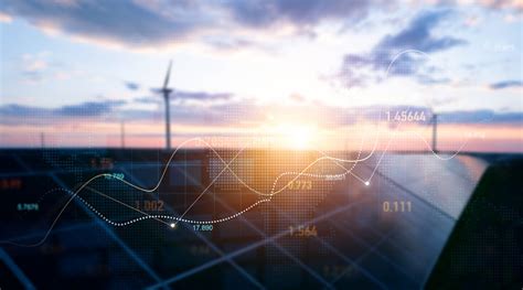 흐릿한 풍차와 녹색 에너지를 생산하는 기류의 태양 전지판 그래픽 다이어그램 녹색 에너지 전력 생산에 대한 디지털 그래픽 작업 녹색 에너지 전력 생산 차트에 대한 스톡 사진