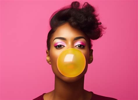 Premium Photo Woman Blowing Yellow Bubble