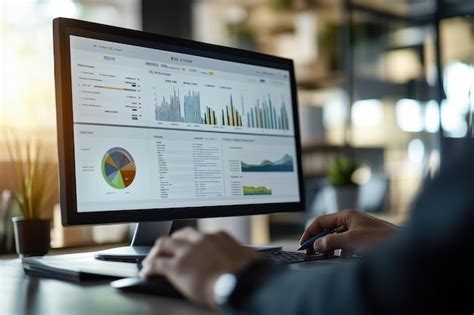 A Businessman Analyzes Data On A Computer Monitor Showing Graphs Charts And Spreadsheets
