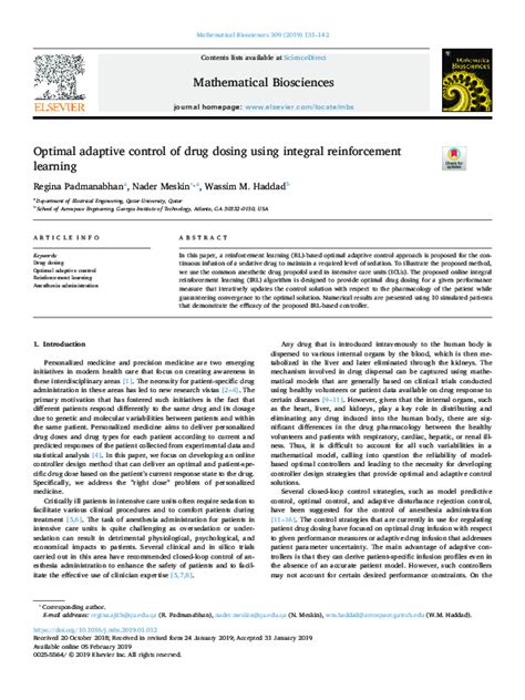 Pdf Optimal Adaptive Control Of Drug Dosing Using Integral