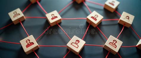 Wooden Blocks Connected By Red Strings Form Network Block Person Icon