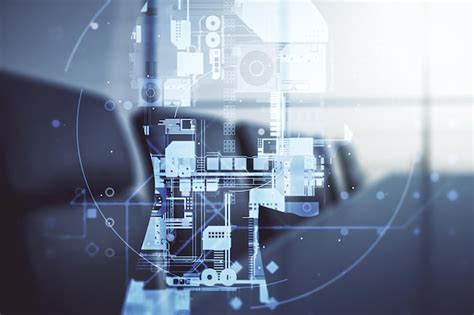 현대 회의실 배경 신경망 및 기계 학습 개념에서 창의적인 인공 지능 홀로그램의 이중 노출 프리미엄 사진