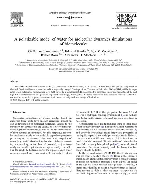 Pdf A Polarizable Model Of Water For Molecular Dynamics Simulations Of Biomolecules
