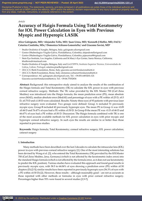 Pdf Accuracy Of Haigis Formula Using Total Keratometry For Iol Power Calculation In Eyes With