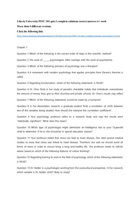 Liberty University Psyc 101 Quiz 1 Complete Solutions Correct Answers