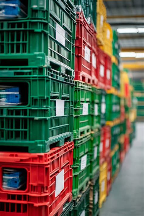 Stacked Colorful Crates Labeled For Specific Routes In A Busy Warehouse