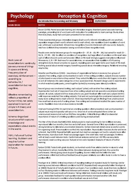 Lecture Notes Psychology Perception And Cognition Subject An Introduction To Learning And Memory