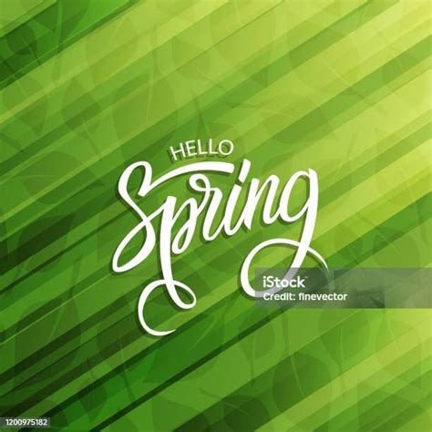 녹색 배경에 손으로 쓴 문구 안녕하세요 봄 인사말 카드 초대 템플릿에 대한 잎과 문자 봄 시즌 디자인을 위한 창의적인 타이포그래피 0명에 대한 스톡 벡터 아트 및 기타