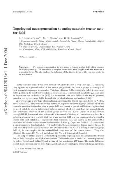 Pdf Topological Mass Generation To Antisymmetric Tensor Matter Field