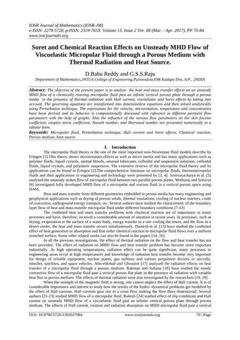 Pdf Soret And Chemical Reaction Effects On Unsteady Mhd Flow · Mhd Flow Of A Chemically