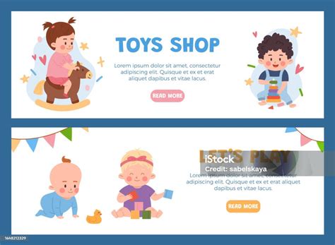 장난감 벡터 전단지 세트 유아 피라미드 수집 흔들 목마 타기 만화 장난감 가게 배너 보육에 대한 스톡 벡터 아트 및 기타 이미지