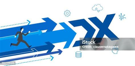 다양한 화살표와 Runnnig 비즈니스 소유자 Dx 흰색 고립 벡터 일러스트레이션 디지털 전환에 대한 스톡 벡터 아트 및 기타 이미지 디지털 전환 디지털화 성장 개념