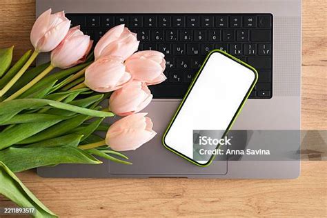 노트북 빈 흰색 스마트 폰 화면 테이블 위의 분홍색 튤립이있는 평평하게 누워 있습니다 0명에 대한 스톡 사진 및 기타 이미지 0명 Brand Name Smart