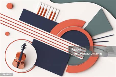 바이올린과 악기 개념 오렌지와 블루 톤의 기하학적 모양 플랫폼의 추상 적 구성 3d 렌더링 0명에 대한 스톡 사진 및 기타 이미지 Istock