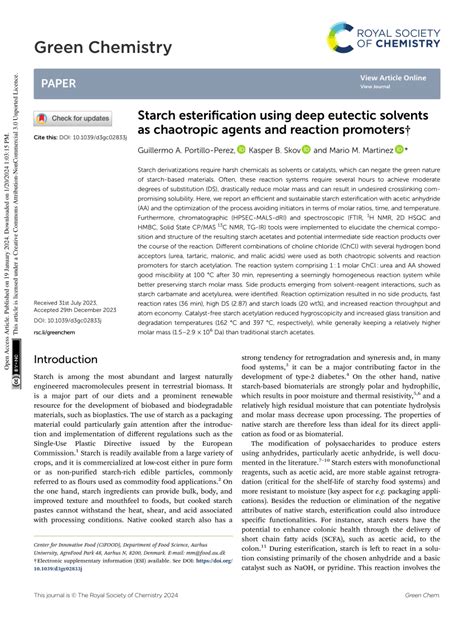 Pdf Starch Esterification Using Deep Eutectic Solvents As Chaotropic