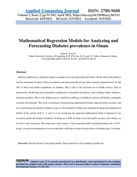 Pdf Mathematical Regression Models For Analyzing And Forecasting Diabetes Prevalence In Oman