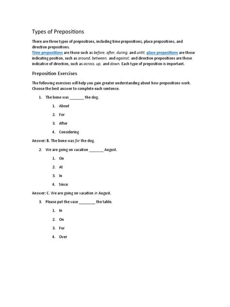 Types Of Prepositions Preposition Exercises Pdf Preposition And Postposition Cognitive