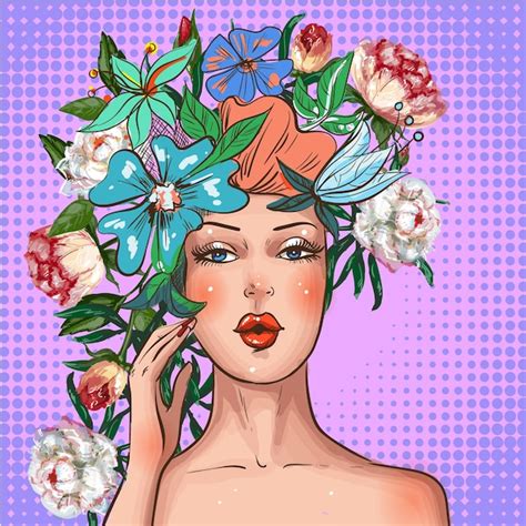 Premium Vector Vector Pop Art Girl With Flower Wreath On Head