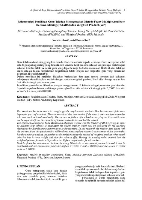 Pdf Sistem Penilaian Guru Teladan Menggunakan Metode Fuzzy Multiple