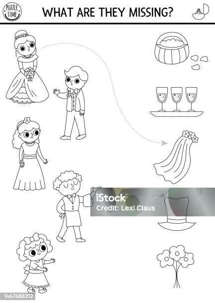 귀여운 신부 신랑과의 웨딩 매칭 활동 결혼식 흑백 퍼즐 개체 게임을 일치시킵니다 인쇄 가능한 워크 시트가 누락 된 것 색칠하기