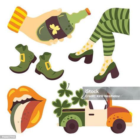 세인트 패트릭 그림 세트 여성 다리 녹색 스타킹 아일랜드 국기 컬러 자동차 손 맥주 병 레프러콘에 대한 스톡 벡터 아트 및 기타 이미지 레프러콘 St Patrick