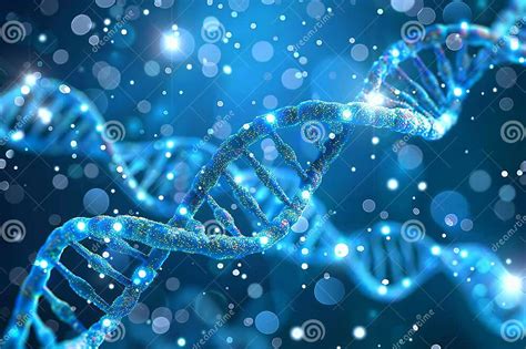Blue Dna Helix With Sparkling Particles On A Dark Background Genetic