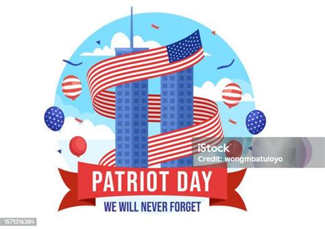 미국 국기 911 기념관과 함께 행복한 미국 애국자의 날 벡터 일러스트레이션과 우리는 배경 디자인 손으로 그린 템플릿을 잊지 않을 것입니다 7월 4일에 대한 스톡 벡터 아트