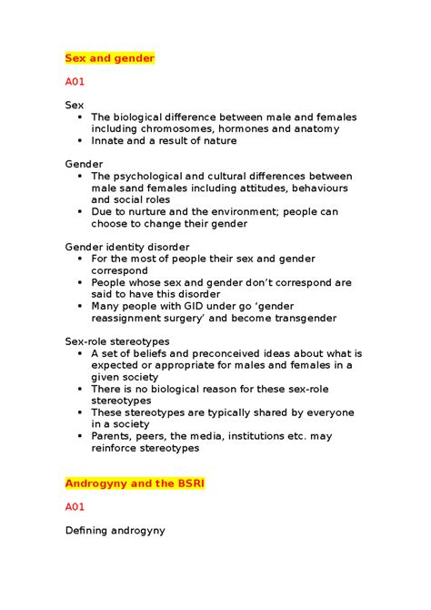 Gender Summary Notes Sex And Gender A Sex The Biological Difference Between Male And Females