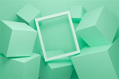기하학적 모양의 추상녹색 배경 텍스처입니다 3d 큐브 벽입니다 흰색 그림 프레임과 녹색 파스텔 연단 장면 개념과 최소한의 모형