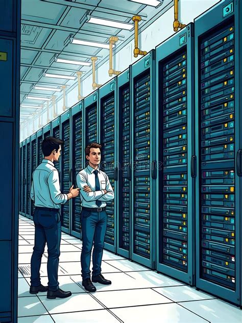 Two Technicians Standing In A Server Room Assessing And Maintaining The It Infrastructure