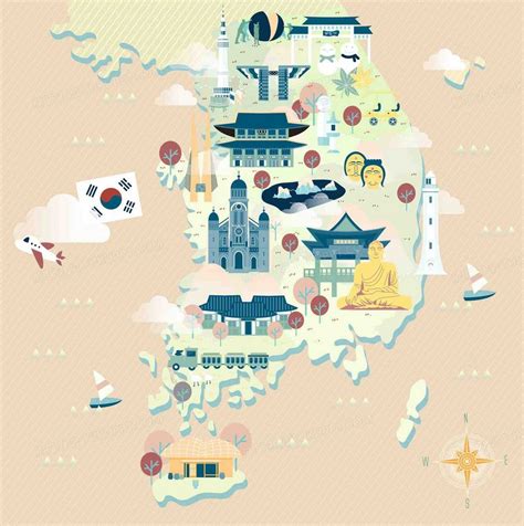 手绘矢量旅游韩国青瓦台景点地图海报背景背景图片素材免费下载 熊猫办公