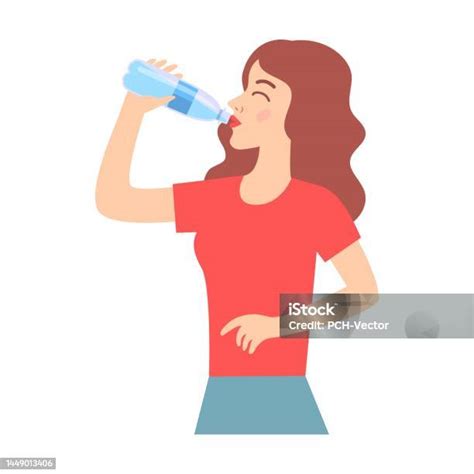 여자는 병에서 물을 마시고 갈증을 해소합니다 고통 만화 그림의 다른 유형입니다 피로 배고픔 갈증 현기증을 느끼는 소녀 고립 건강 진단에 대한 스톡 벡터 아트 및 기타 이미지