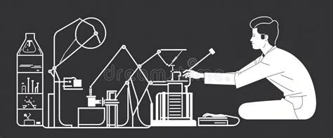 Illustrative Abstract Depiction In Fine Line Drawing Of A Scientist Performing Scientific