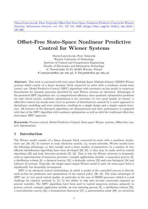Pdf Offset Free State Space Nonlinear Predictive Control For Wiener Systems