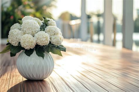White Hydrangeas In A Vase On Wooden Deck Near Water During Golden Hour