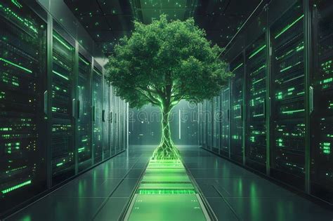 Futuristic Data Center With Glowing Green Tree Signifying