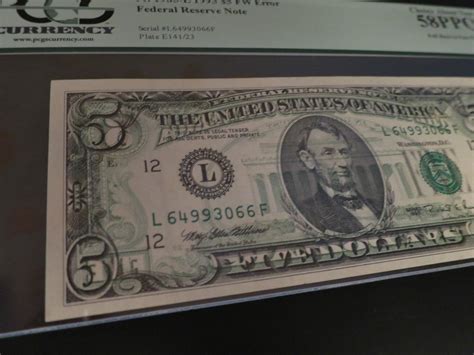 Rare Error 1995 5 Dollar Bill Full Back To Face Offset Pcgs 58ppq
